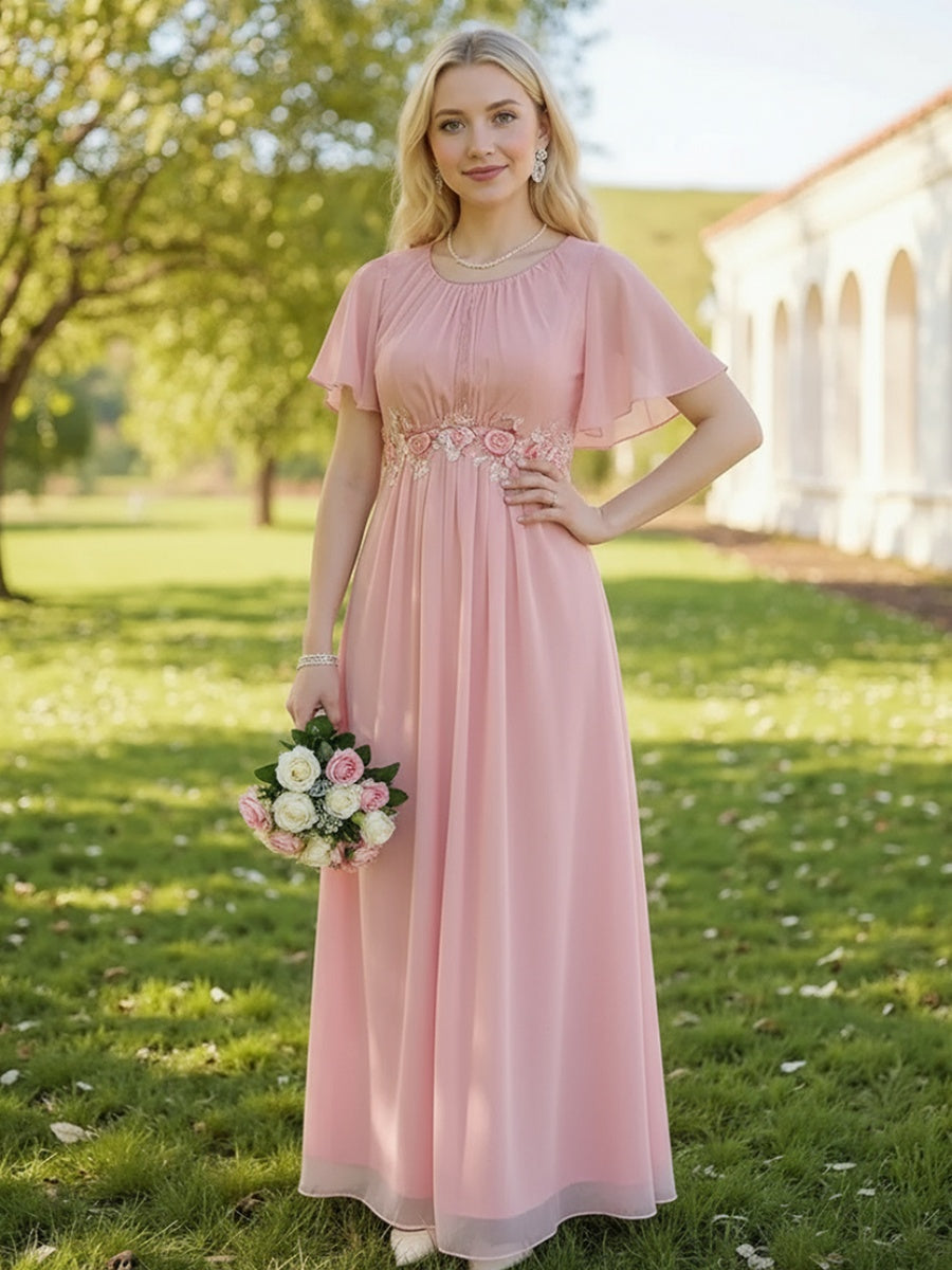 Elegant Short Sleeve Pleated A-Line Floor-Length Bridesmaid Dress ...