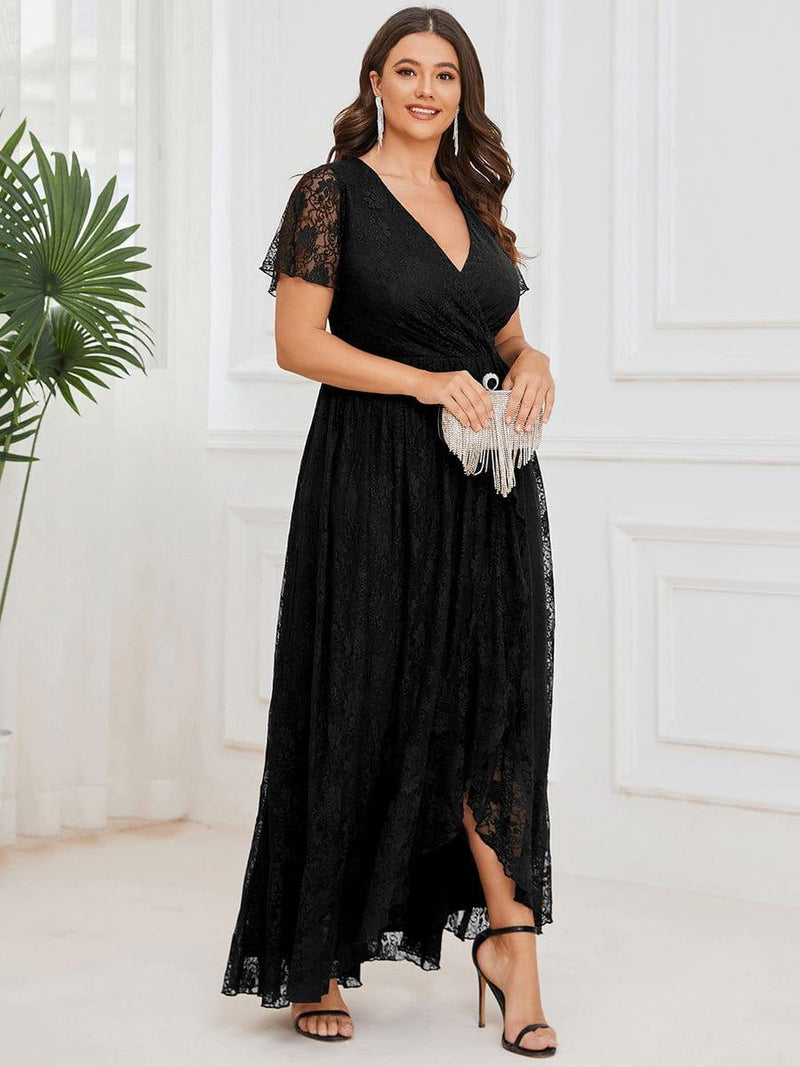 Plus Size V-Neck Short Sleeve Pleated Lace Wedding Guest Dress - Ever ...