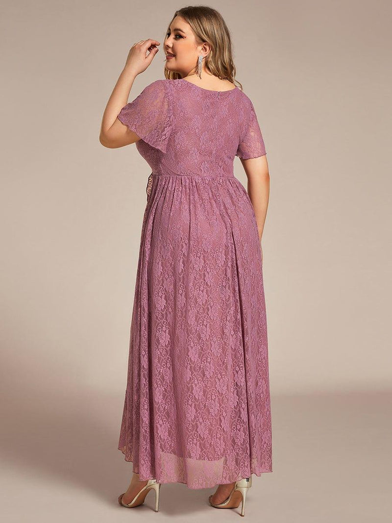 Plus Size V-Neck Short Sleeve Pleated Lace Wedding Guest Dress - Ever ...