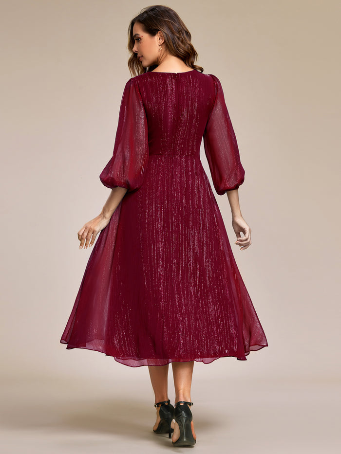 Glitter Twist Knot See-Through Long Sleeve Tea-Length Wedding Guest ...