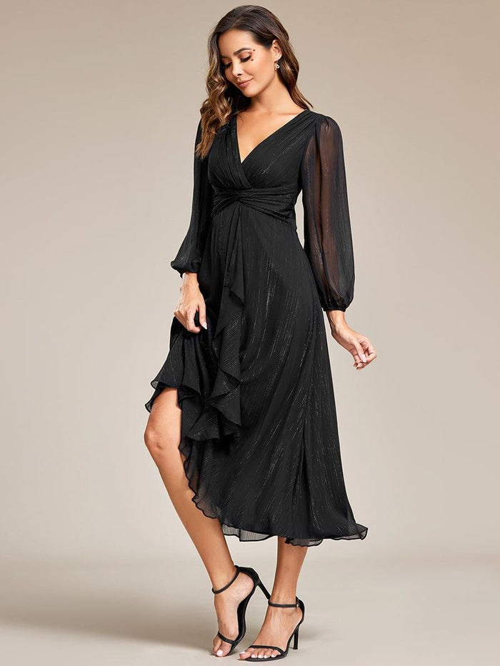 Glitter Twist Knot See-Through Long Sleeve Tea-Length Wedding Guest ...