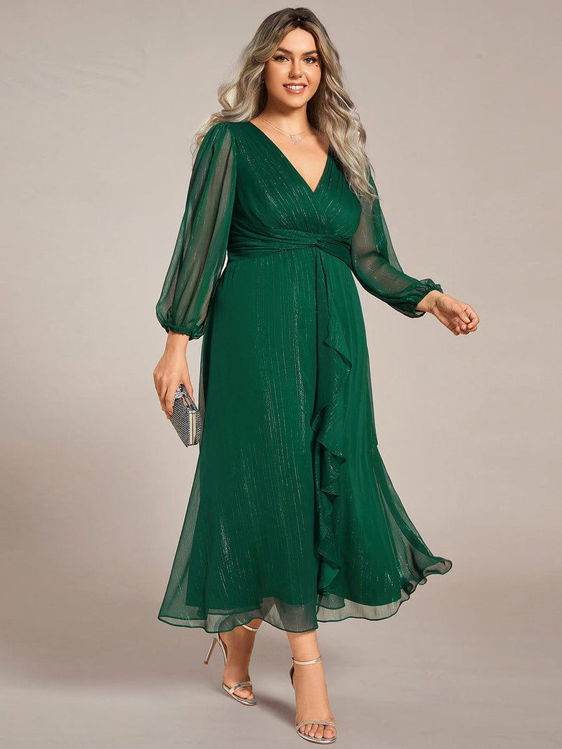 Plus Size V-Neck See-Through Long Sleeve Twist Knot A-Line Evening ...