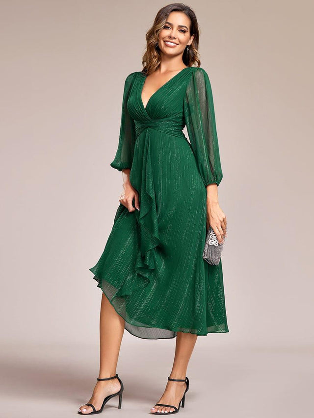 Glitter Twist Knot See-Through Long Sleeve Tea-Length Wedding Guest ...