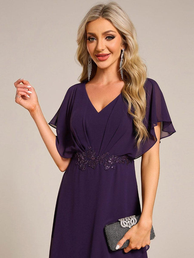 A-Line Waist Applique Tea-Length Formal Dress with Lotus Leaf Hem ...