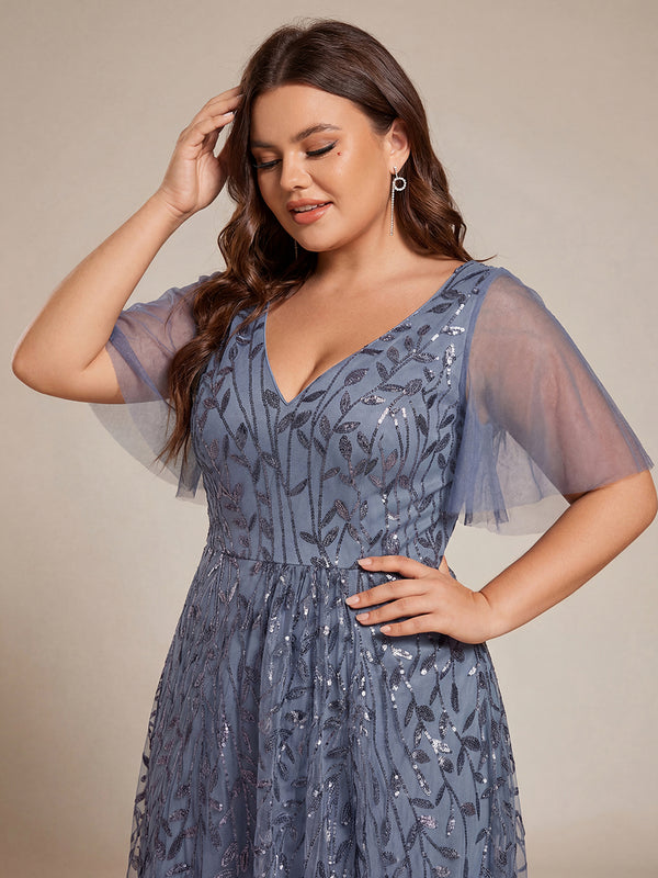 Shop Plus Size Short Sleeves Sequin High Low V-Neck Evening Dress ...