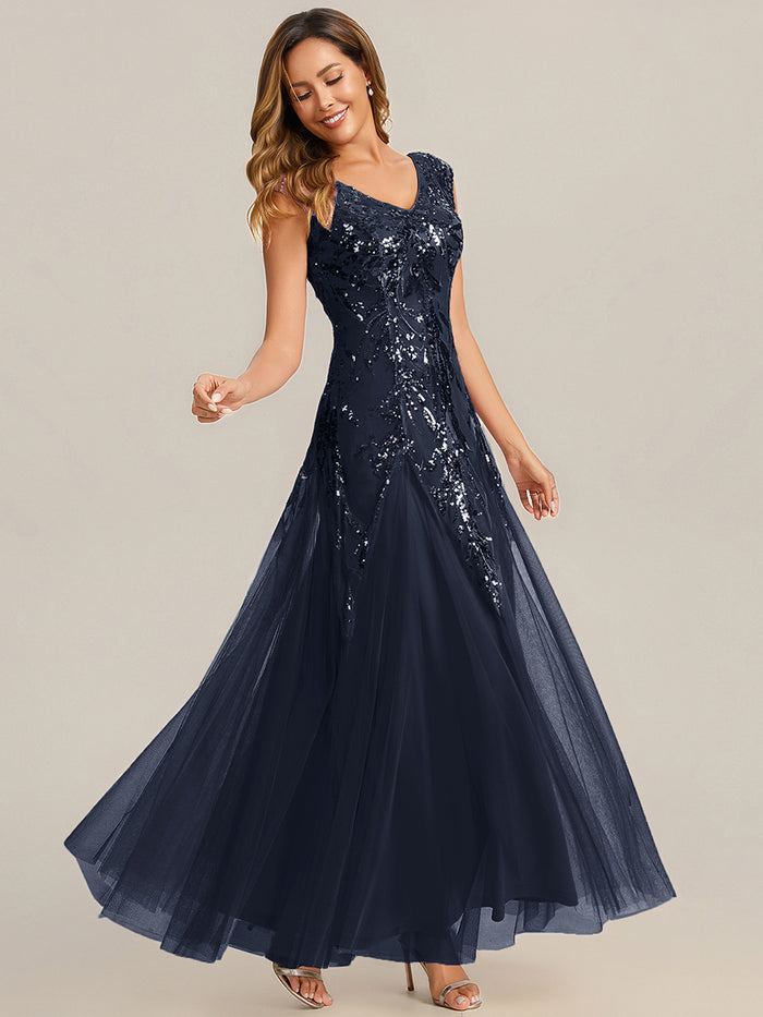 Embroidered Sequin V-Neck Cap Sleeve Tulle Formal Dress - Ever-Pretty US
