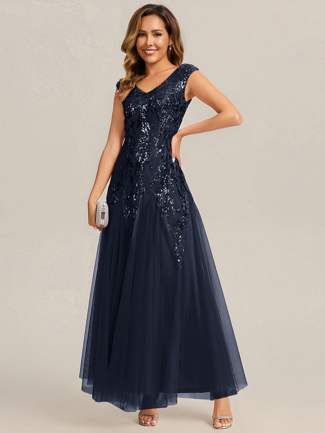 Embroidered Sequin V-Neck Cap Sleeve Tulle Formal Dress - Ever-Pretty US