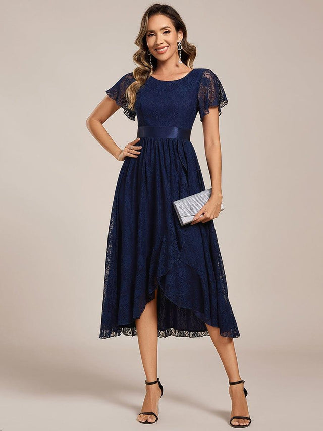 Asymmetrical Midi Lace Formal Dress with Short Sleeve - Ever-Pretty US