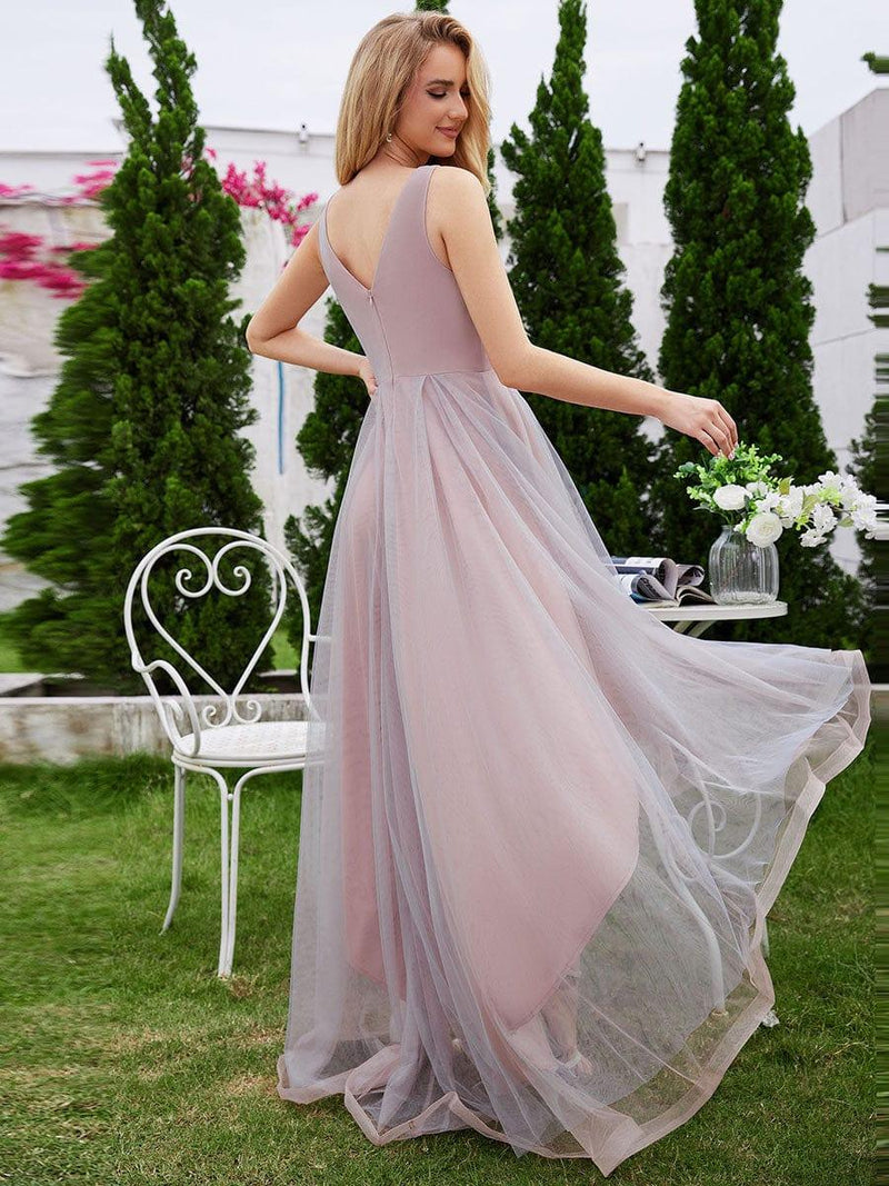 Elegant Sleeveless High-Low Tulle Evening Dress with Embroidered ...