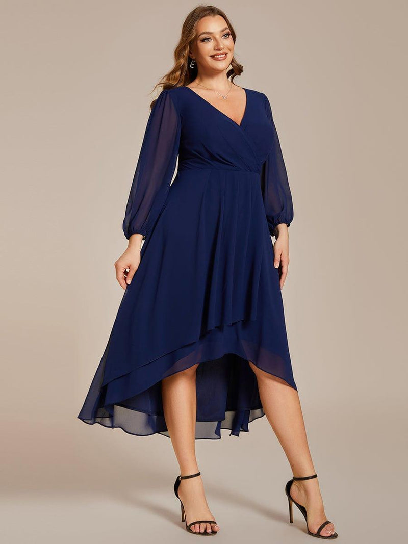 Plus Size Pleated Midi V-Neck 3/4 Sleeves Chiffon Wedding Guest Dress ...