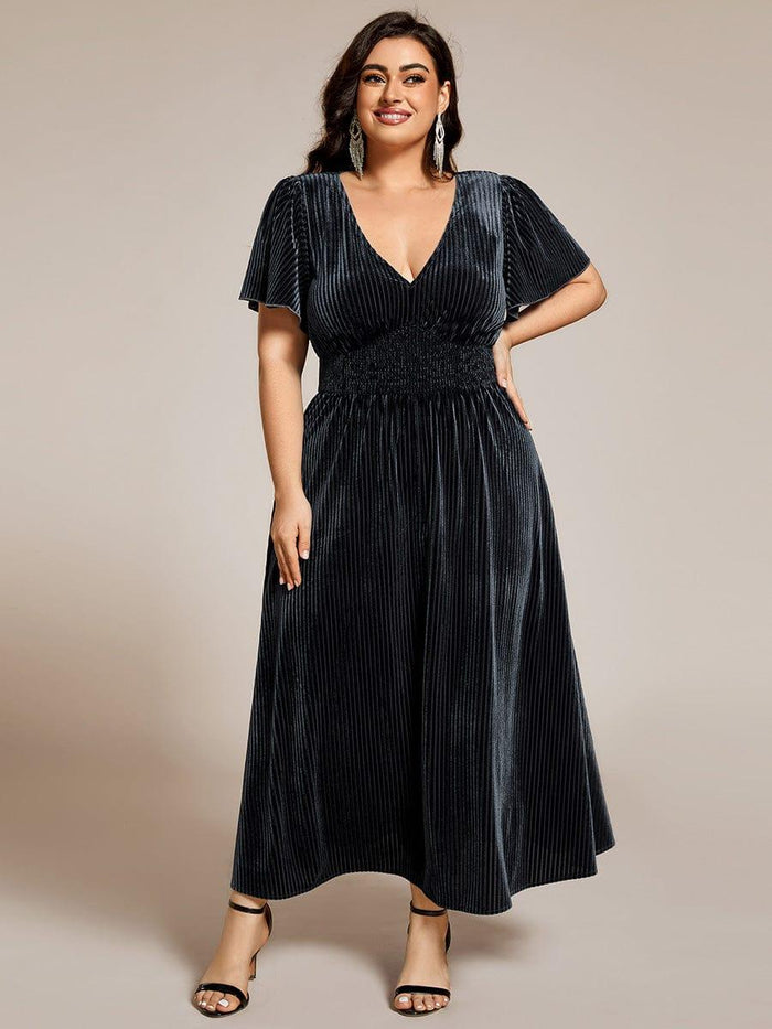Plus Size Velvet A-line V-Neck Short Sleeve Waist Design Fall Wedding ...