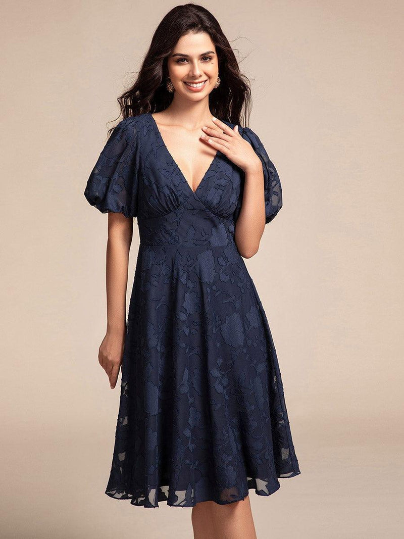 ever DANI|Puff Sleeve V-Neck Midi Wedding Guest Dress - Ever-Pretty US