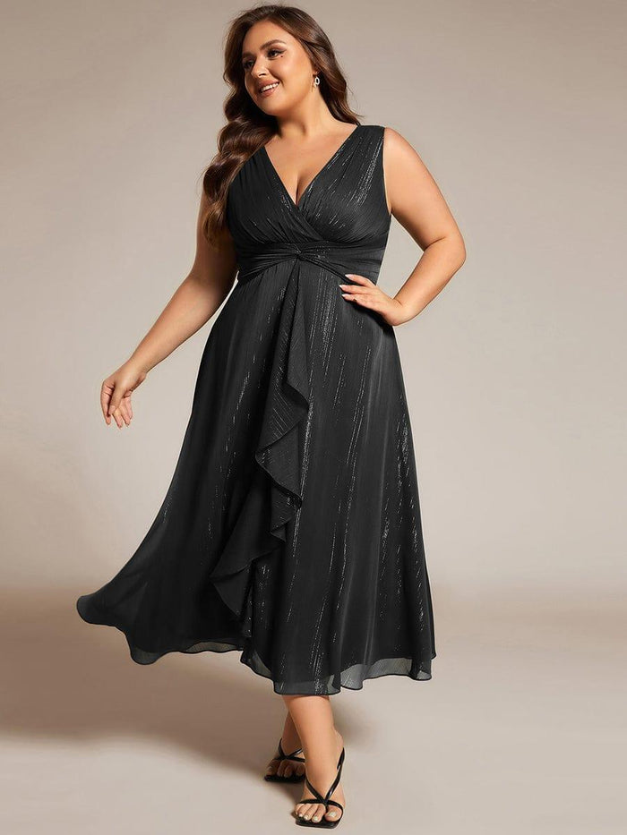 Glamorous Plus Size Glittery Ruffled V-Neck Midi Wedding Guest Dress ...