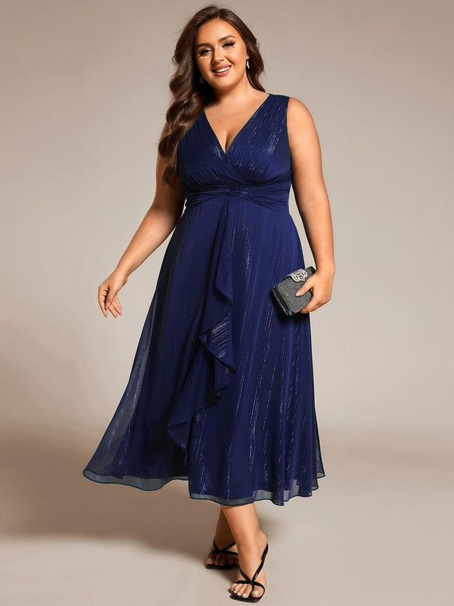 Glamorous Plus Size Glittery Ruffled V-Neck Midi Wedding Guest Dress ...