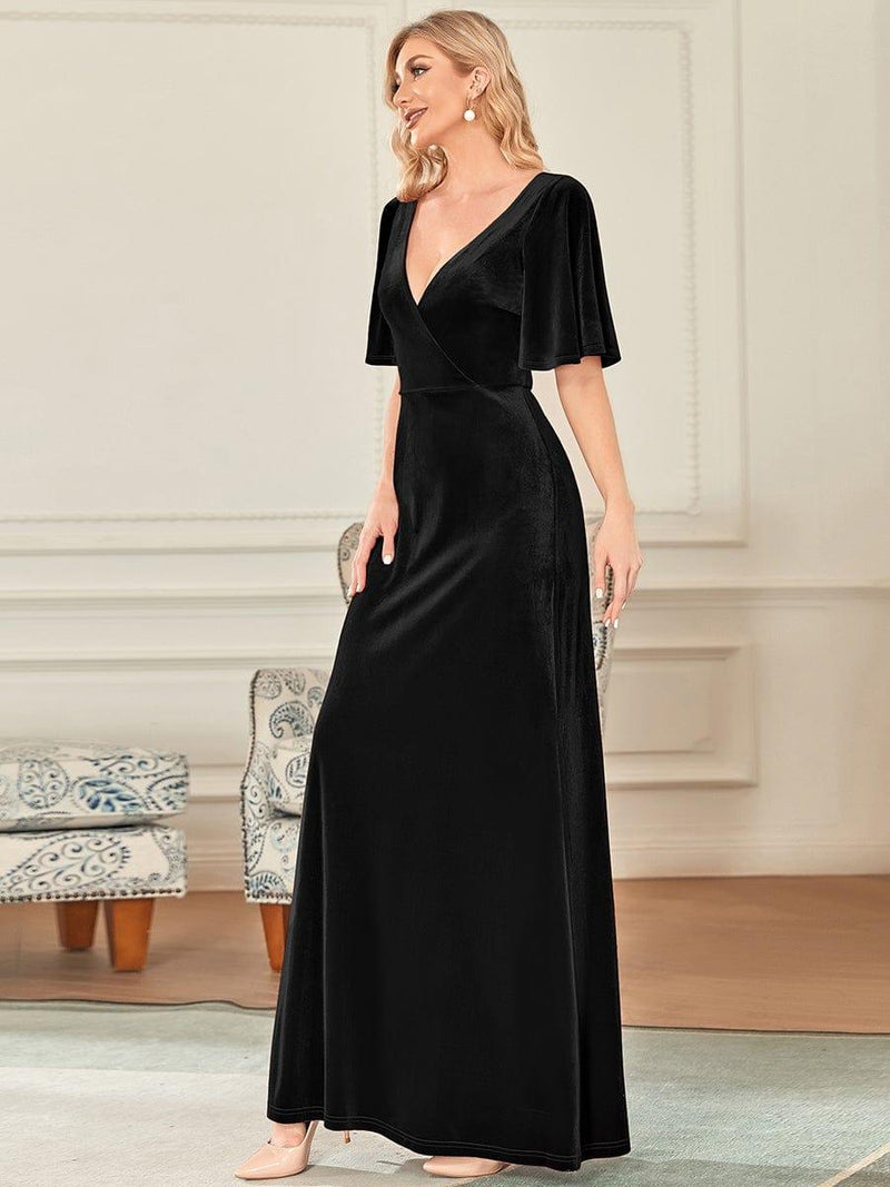 Elegant Double V Neck Velvet Bridesmaid Dress with Sleeves - Ever-Pretty US