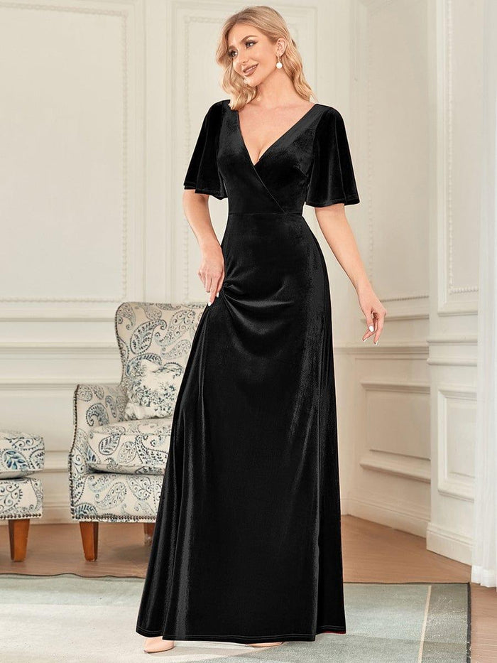 Elegant Double V Neck Velvet Bridesmaid Dress with Sleeves - Ever-Pretty US