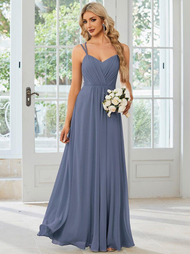 Pleated Chiffon Spaghetti Straps Bridesmaid Dress with Lace Open Back ...