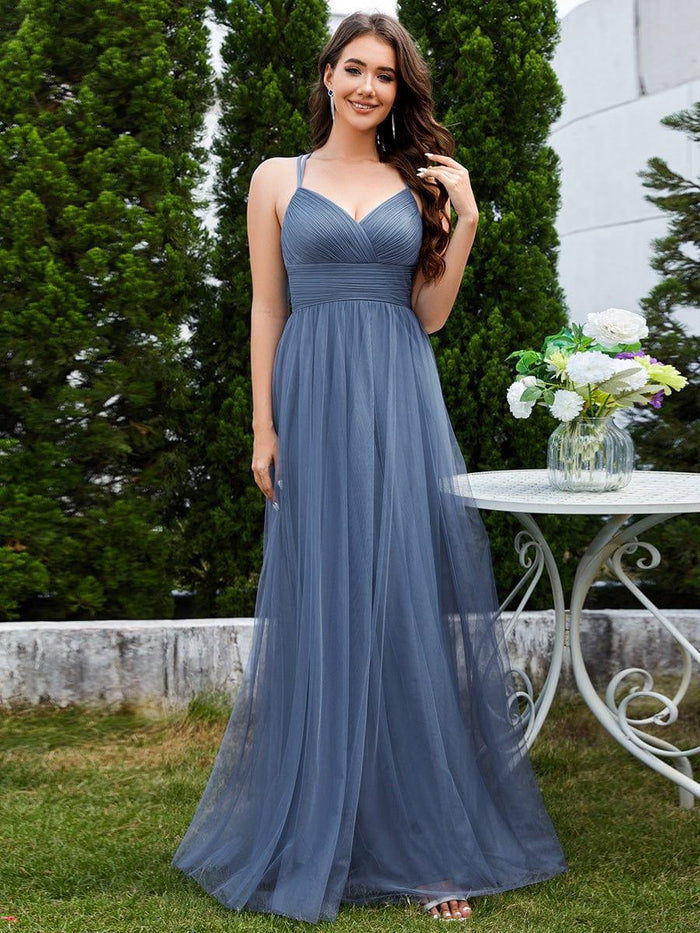 Lace Sheer Back and Cross Straps V-Neck Pleated Sleeveless Bridesmaid ...