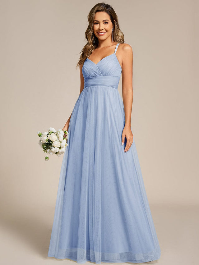 Lace Sheer Back and Cross Straps V-Neck Pleated Sleeveless Bridesmaid ...