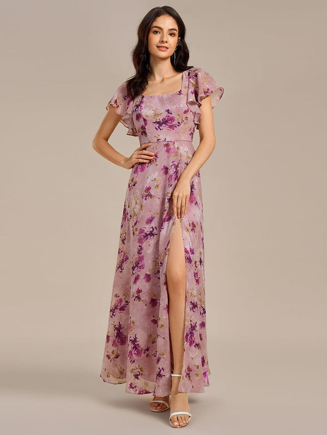 Floral Print Flutter Sleeve Side Split Maxi Formal Dress - Ever-Pretty US