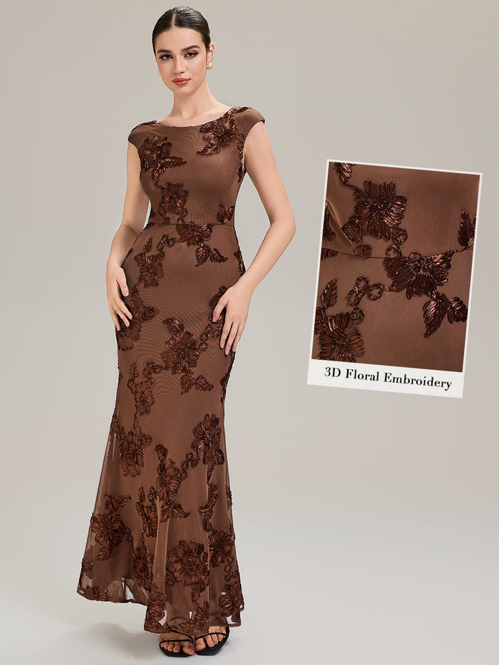 Elegant Mesh Floral Applique Formal Dress with Jacquard Embroidery ...