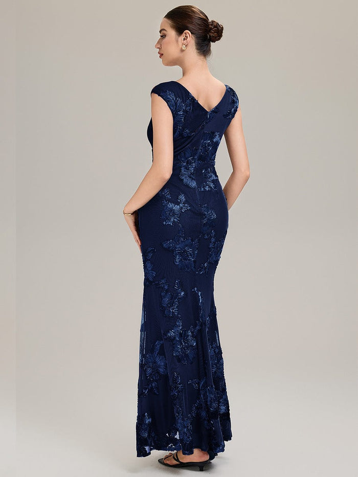 Elegant Mesh Floral Applique Formal Dress with Jacquard Embroidery ...