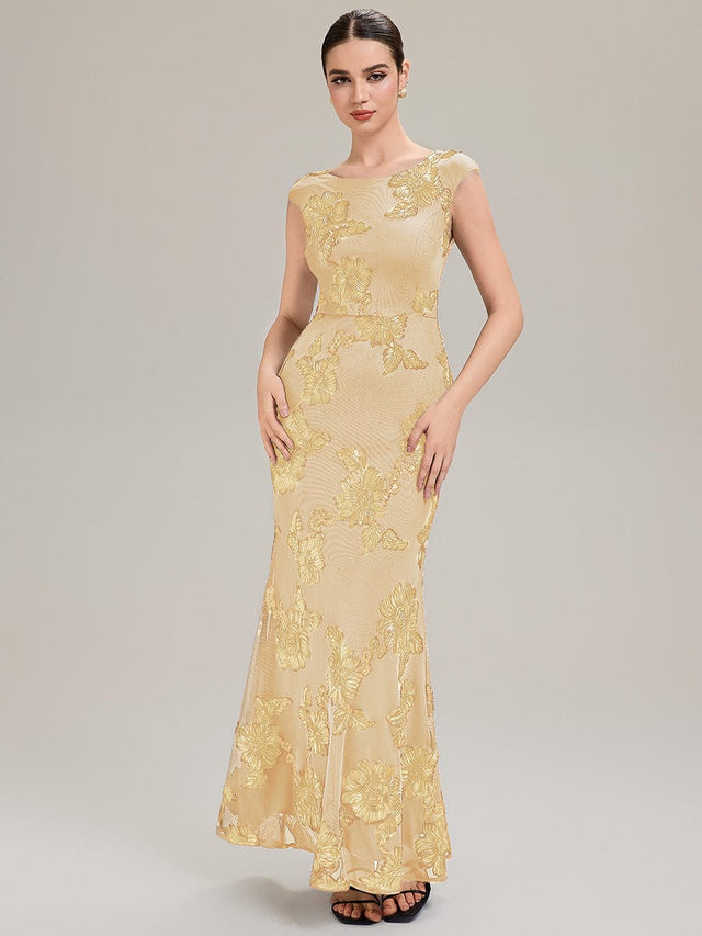 Elegant Mesh Floral Applique Formal Dress with Jacquard Embroidery ...