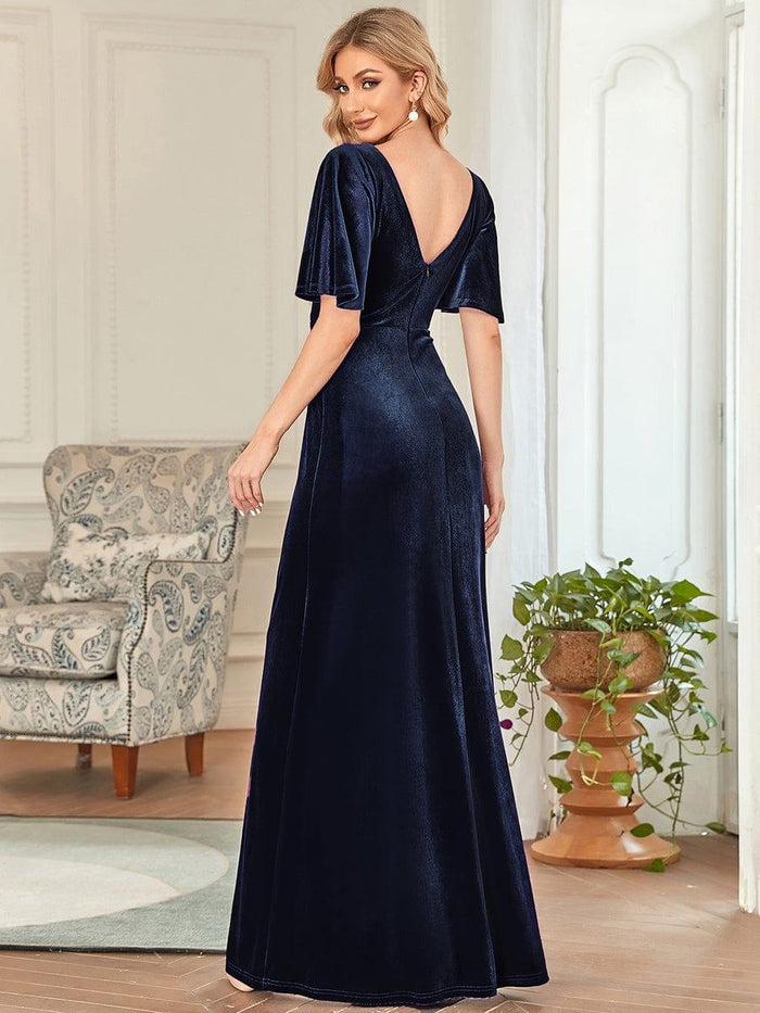 Elegant Double V Neck Velvet Bridesmaid Dress with Sleeves - Ever-Pretty US