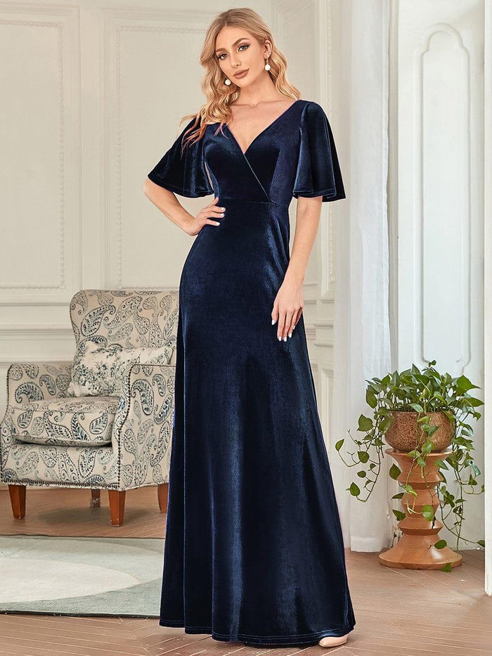Elegant Double V Neck Velvet Bridesmaid Dress with Sleeves - Ever-Pretty US