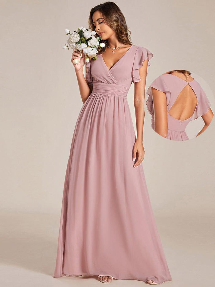 Chiffon V-Neck Ruffles Sleeve Back Cutout Pleated Bridesmaid Dress ...