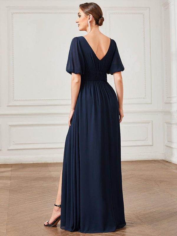 Pleated Chiffon V-Neck Front Slit Evening Dress - Ever-Pretty US