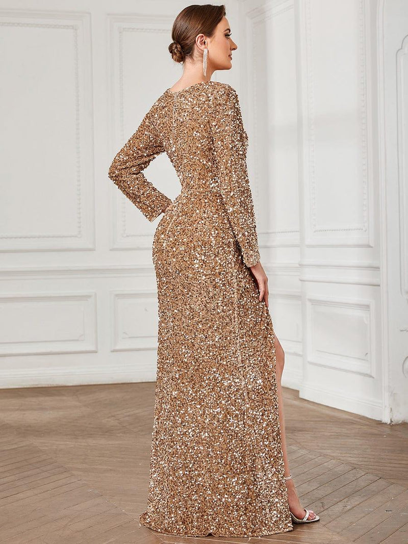 Sequin Long Sleeve Bodycon Front Slit Evening Dress - Ever-Pretty US