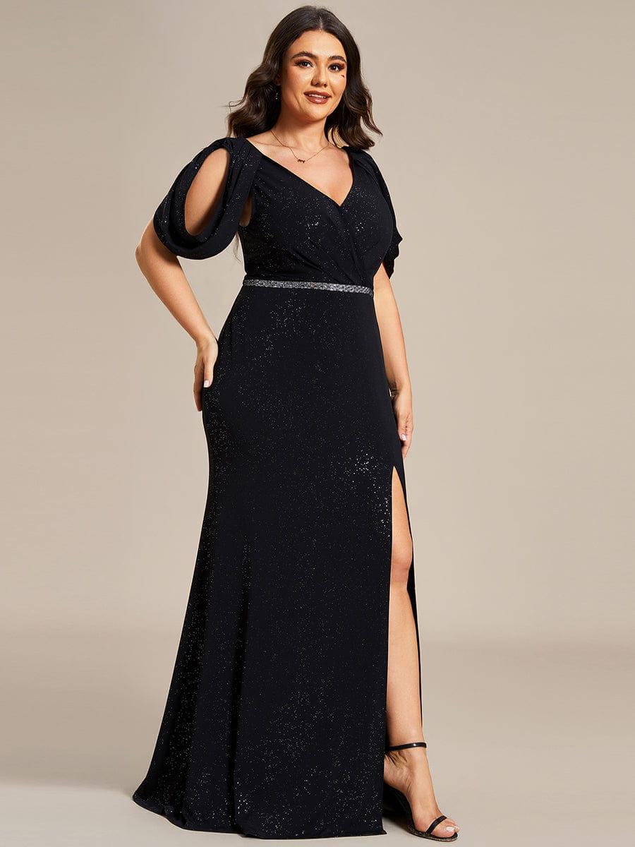 Plus Size Shiny Belt V-neck Cold Shoulder Puff Sleeve Glitter Evening ...