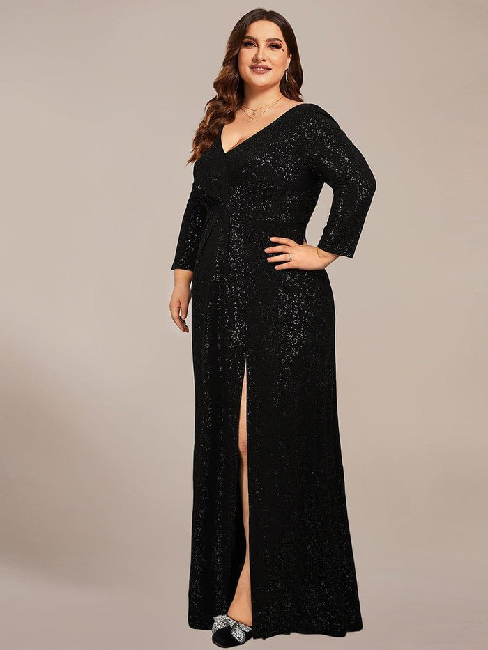 Plus Size Long Sleeves V-Neck Glitter High Slit Evening Dress - Ever ...