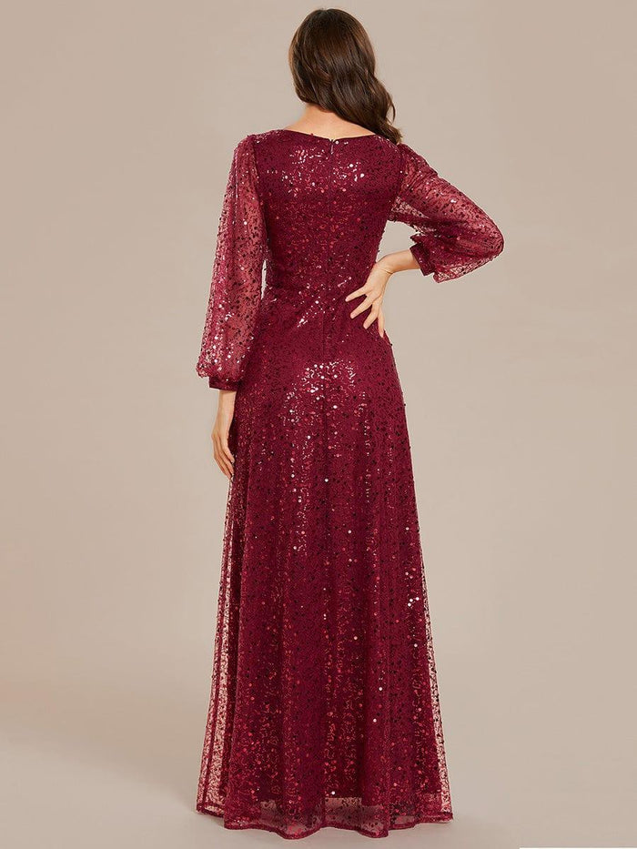 Glittering Long Lantern Sleeve Sequin A-Line V-Neck Evening Dress - Ever-Pretty US