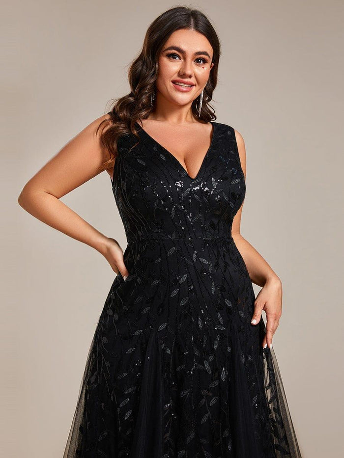 Glamorous Plus Size Double V-Neck Sleeveless Sequin A-Line Evening ...