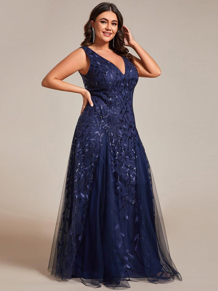 Glamorous Plus Size Double V-Neck Sleeveless Sequin A-Line Evening ...
