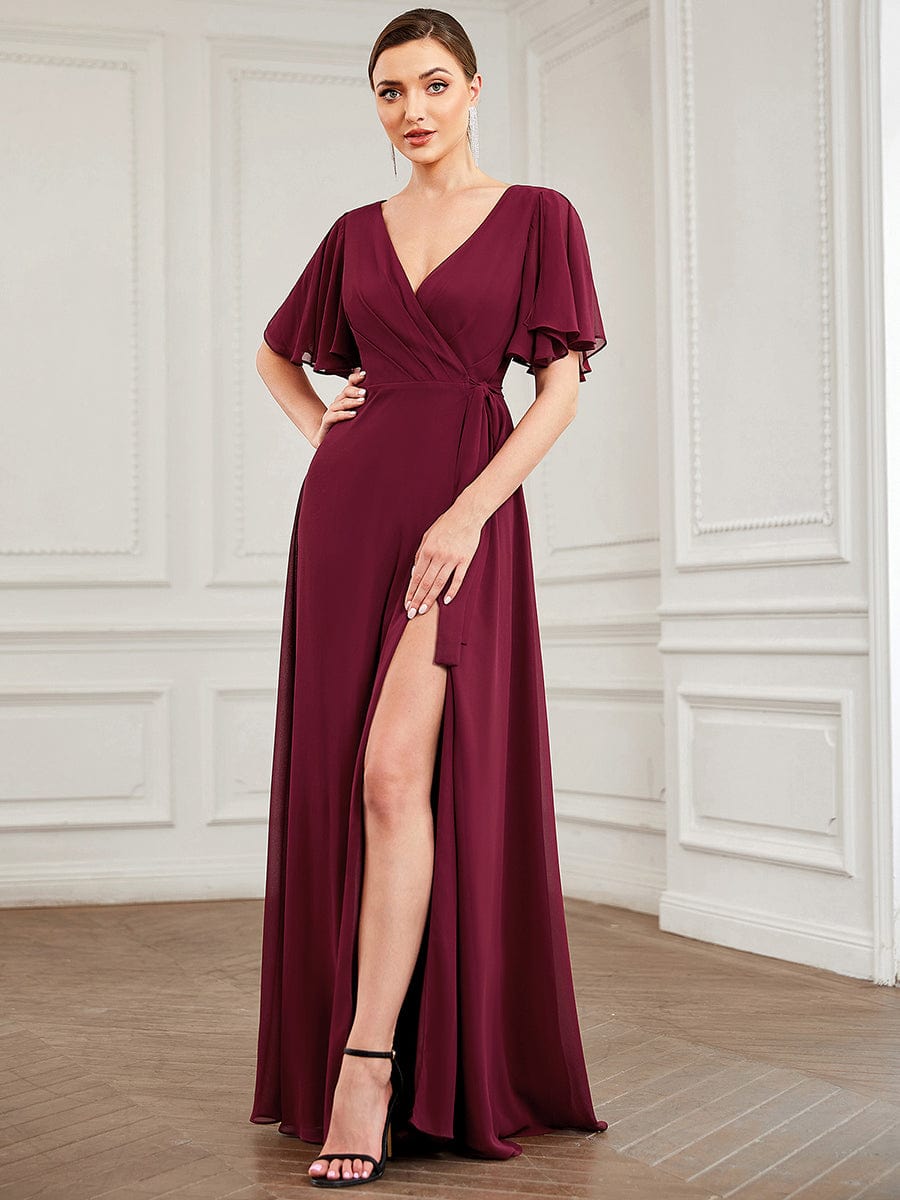 Chiffon V Neck Tie Waist High Slit Evening Dress Ever Pretty Us
