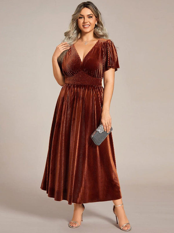 Plus Size Velvet A-line V-Neck Short Sleeve Waist Design Fall Wedding ...