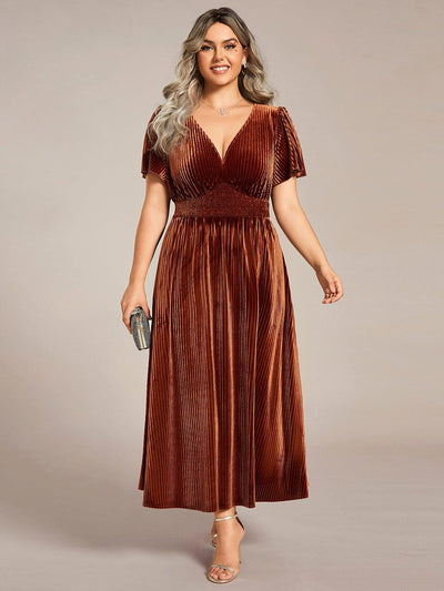Plus Size Velvet A-line V-Neck Short Sleeve Waist Design Fall Wedding ...