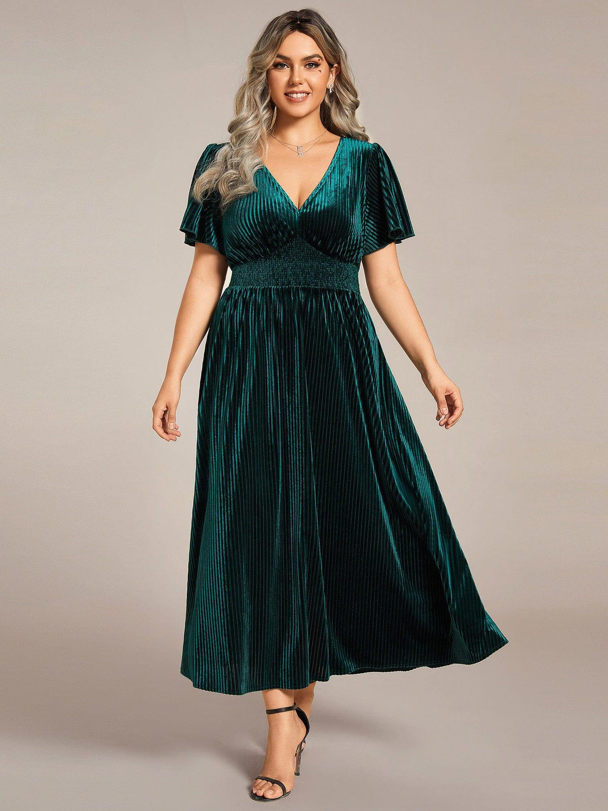 Plus Size Velvet A-line V-Neck Short Sleeve Waist Design Fall Wedding ...