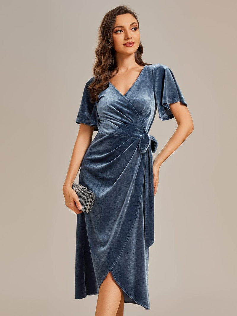 Short Sleeves Velvet One-Piece Type Wedding Guest Dress with Waist Tie ...