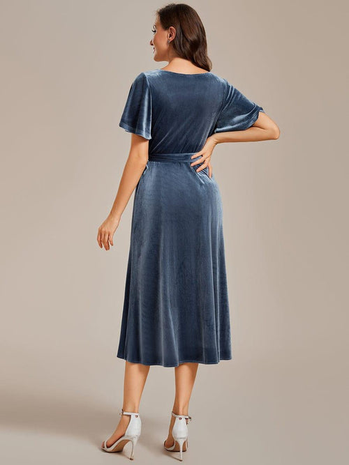 Short Sleeves Velvet One-Piece Type Wedding Guest Dress with Waist Tie ...