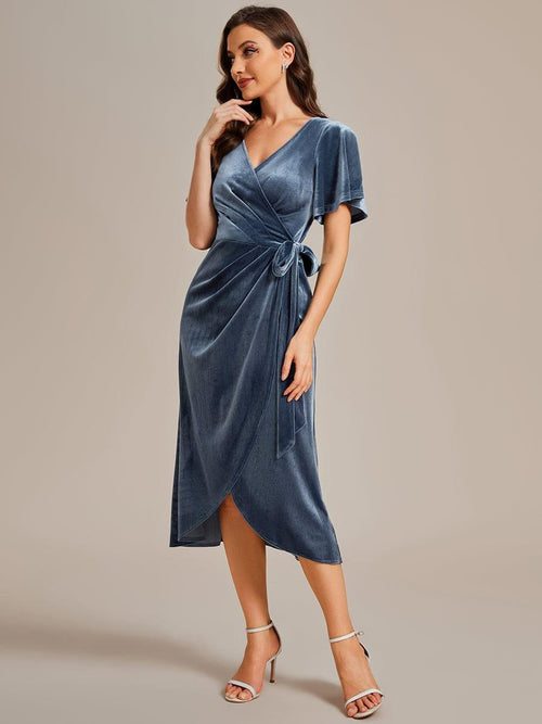 Short Sleeves Velvet One-Piece Type Wedding Guest Dress with Waist Tie ...