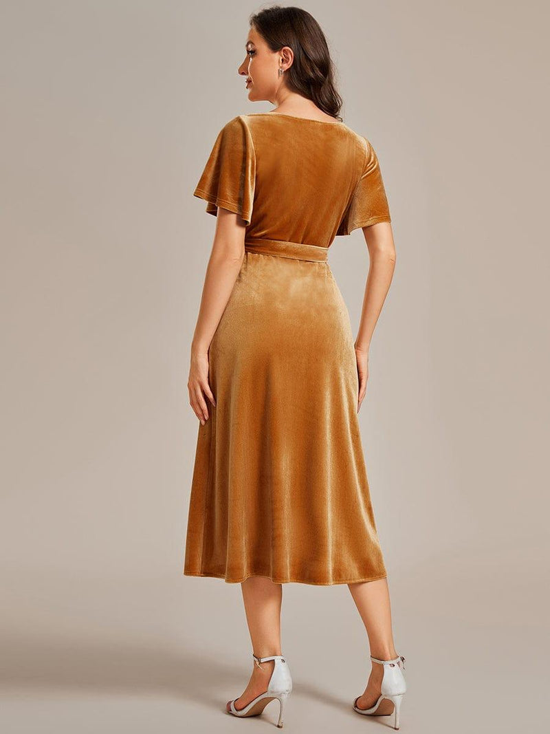 Short Sleeves Velvet One-Piece Type Wedding Guest Dress with Waist Tie ...