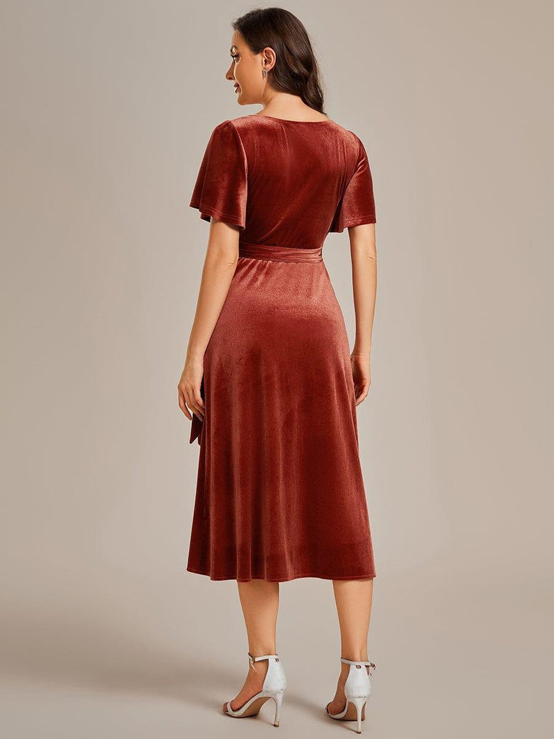 Short Sleeves Velvet One-Piece Type Wedding Guest Dress with Waist Tie ...