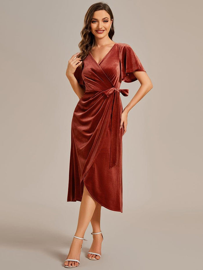 Short Sleeves Velvet One-Piece Type Wedding Guest Dress with Waist Tie ...