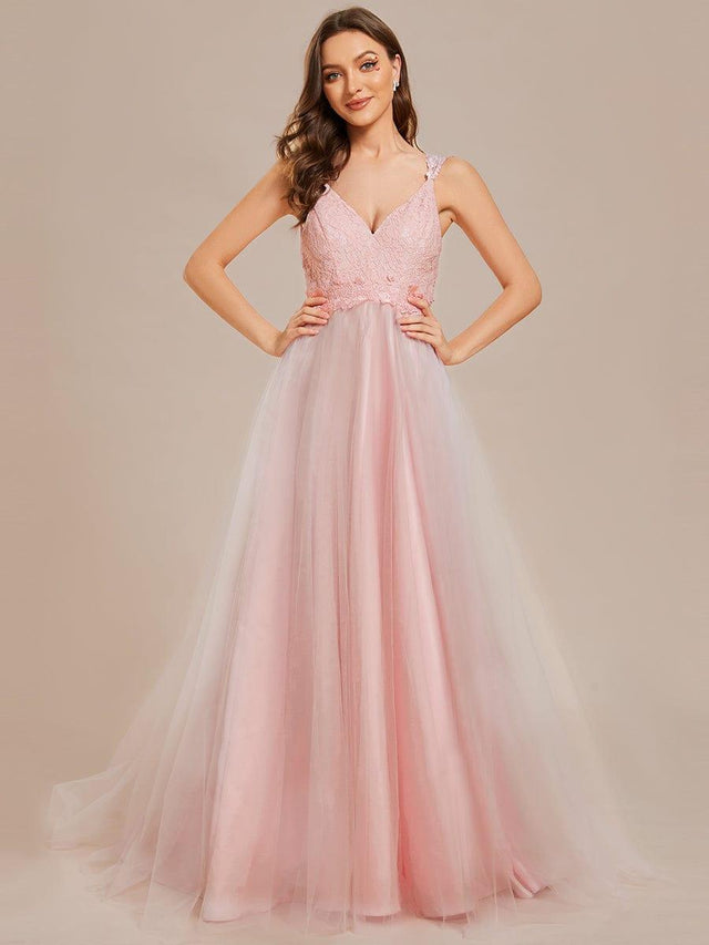 Double V Neck Lace Bodice Open Back Tulle Wedding Dress - Ever-Pretty US