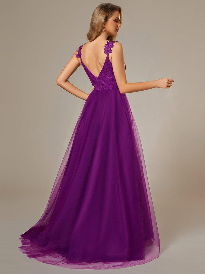 Double V Neck Lace Bodice Open Back Tulle Wedding Dress - Ever-Pretty US