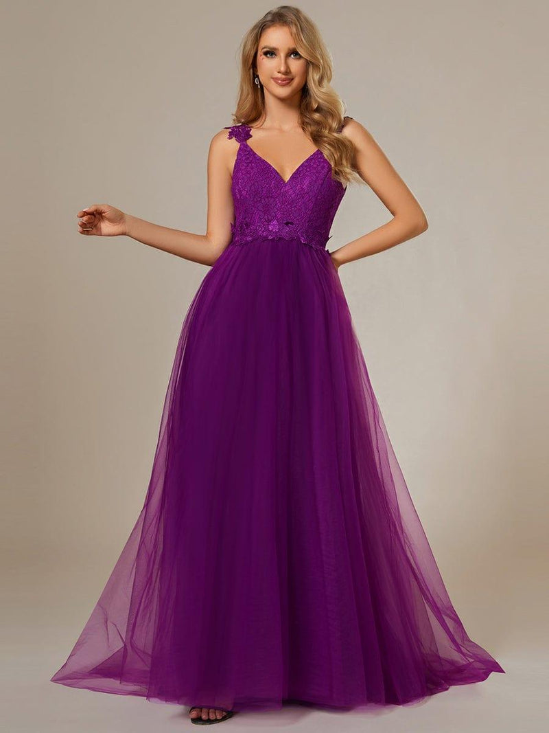 Double V Neck Lace Bodice Open Back Tulle Wedding Dress - Ever-Pretty US